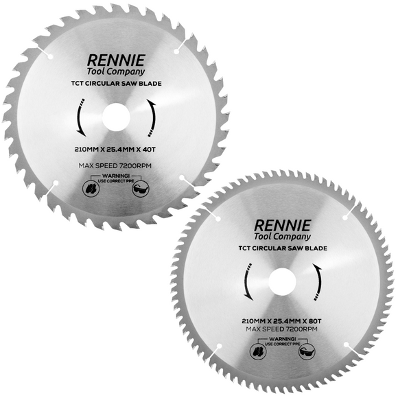 2 Pack - 210mm x 25.4mm Bore x 40T & 80T TCT Circular Wood Saw Blade F