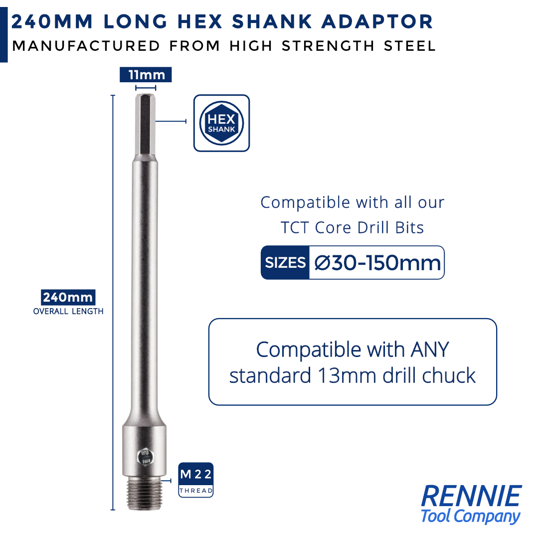 M22 SDS Hex Shank Core Drill Adapters & Extension Bar