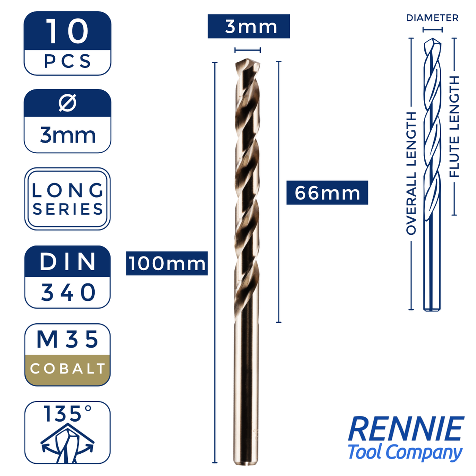 Box Of 10 x DIN340 HSS Cobalt Long Series Jobber Drill Bit – Rennie ...