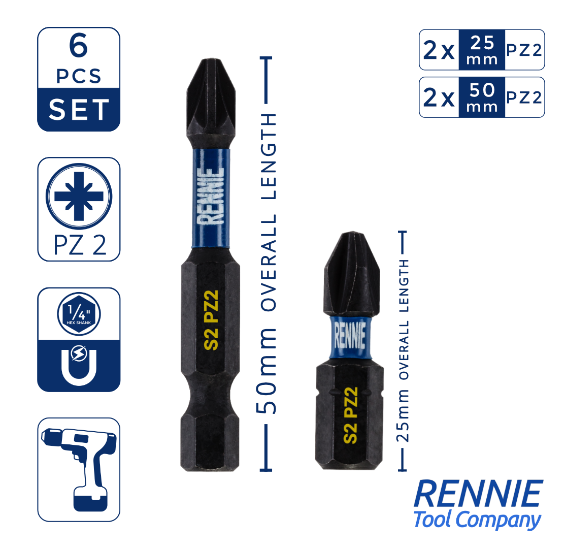 6 Piece PZ2 Impact Screwdriver Bits Set | Rennie Tools