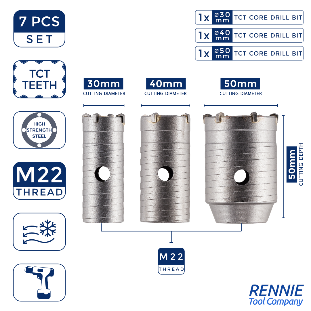 7-Piece TCT Core Drill Bit Set | SDS Adapter Included