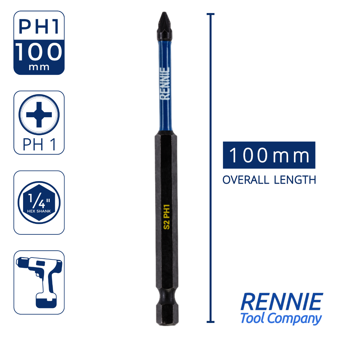 10-Pack PH1 x 100mm Impact Phillips 1 Screwdriver Bits