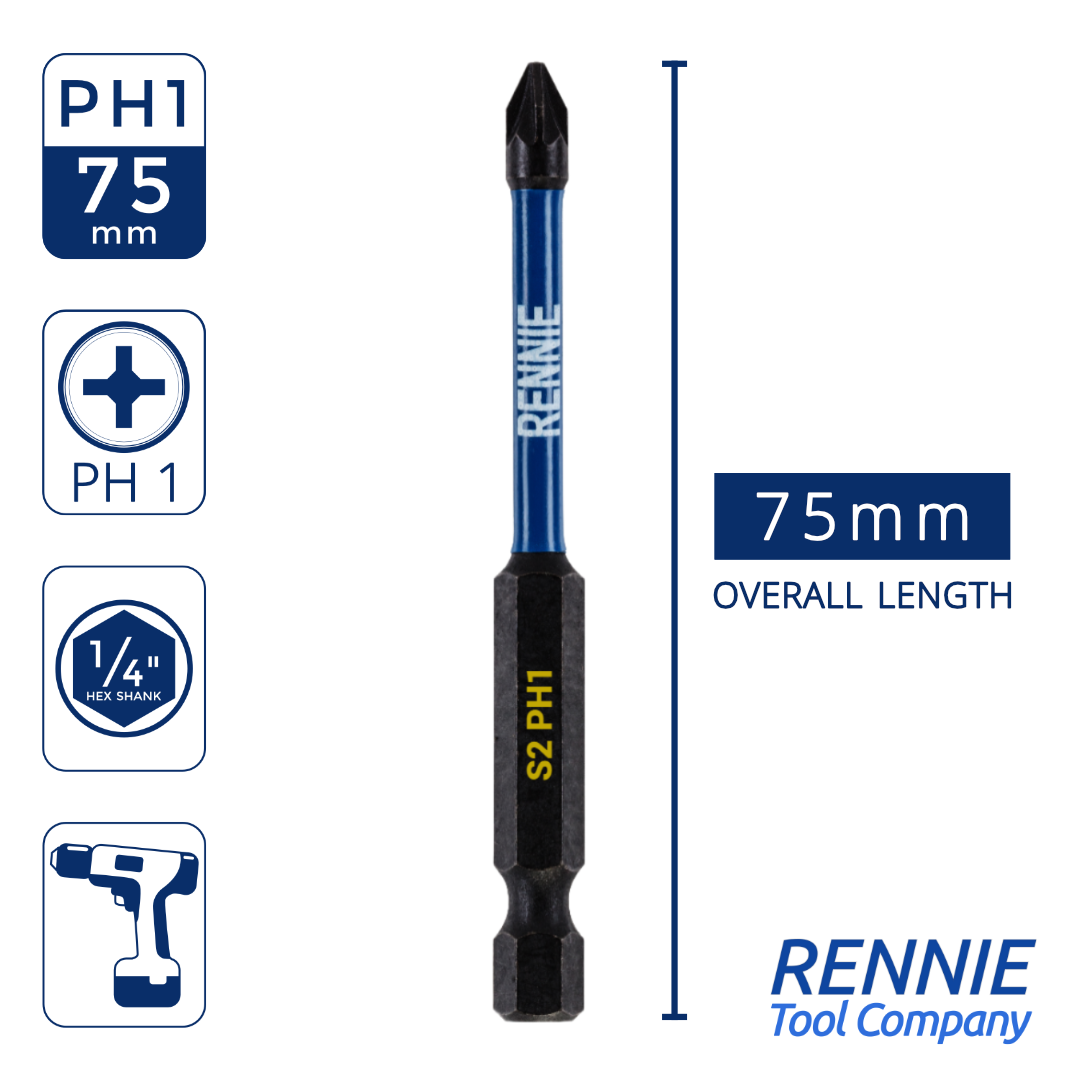 10-Pack PH1 x 75mm Impact Screwdriver Bits - Phillips 1