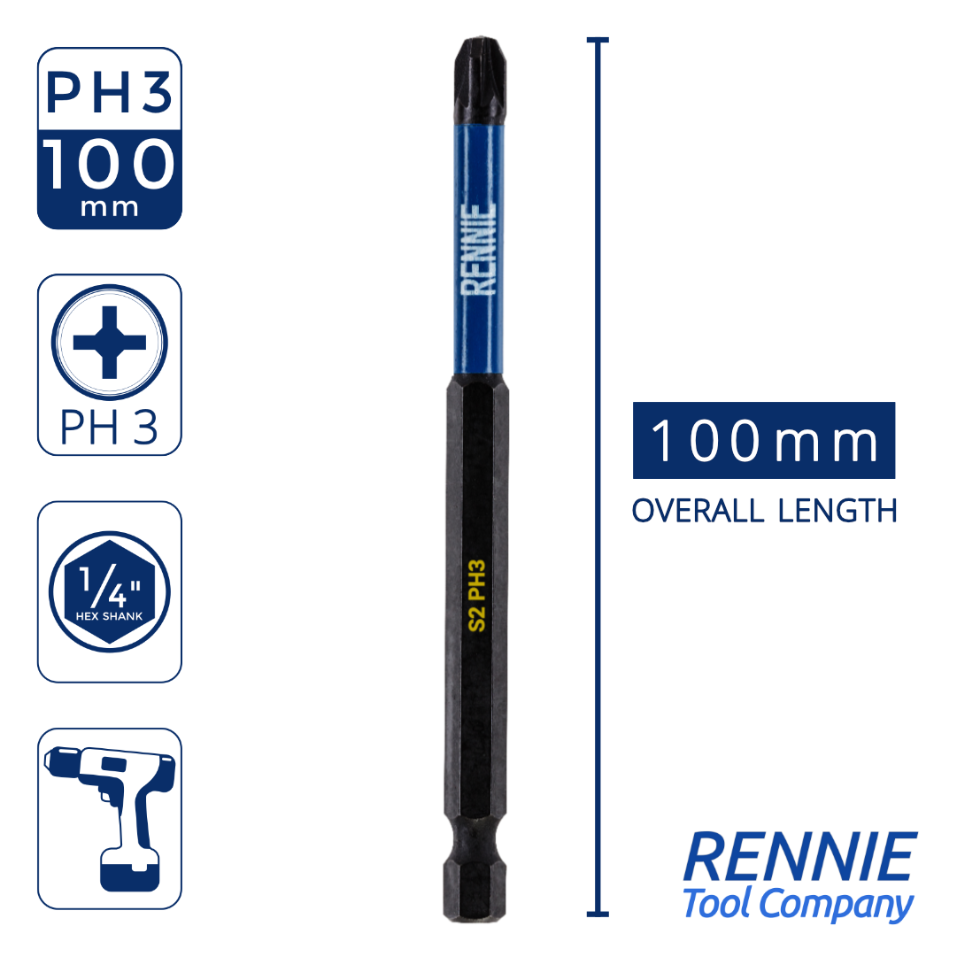 10 Pack PH3 x 100mm Magnetic Screwdriver Bits Set