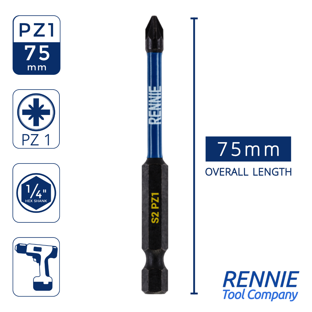 10 Pack PZ1 x 75mm Long Magnetic Screwdriver Bits Set