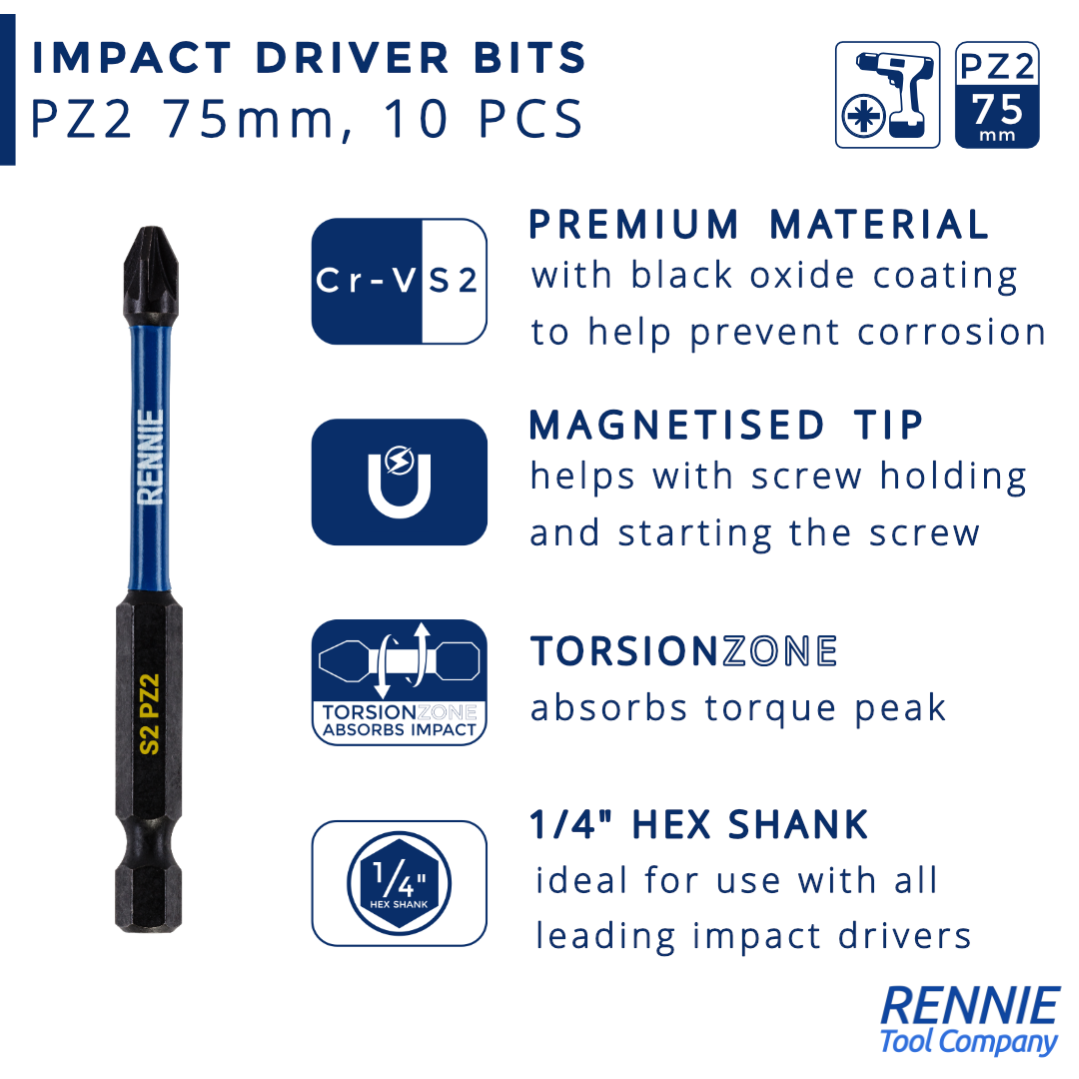 5 Pack PZ2 x 75mm Magnetic Impact Screwdriver Bits Set