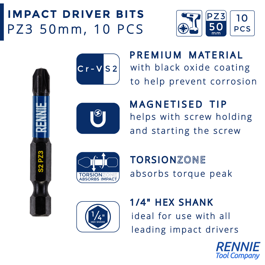 10 Pack PZ3 x 50mm Magnetic Screwdriver Bits Set Pozidriv Pozi 3