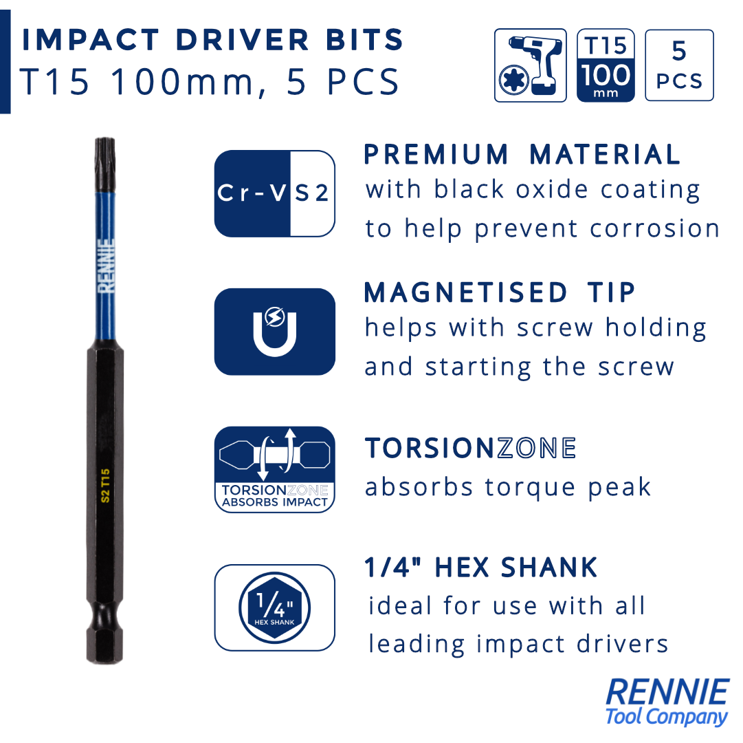 5-Pack - T15 Torx 100mm Long Magnetic Bits Set TX15