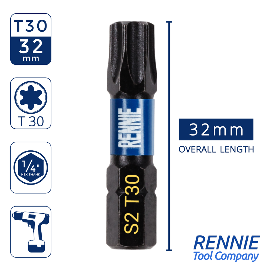 10 Pack - T30 Torx 32mm Long Magnetic Screwdriver Bits – Rennie Tool ...