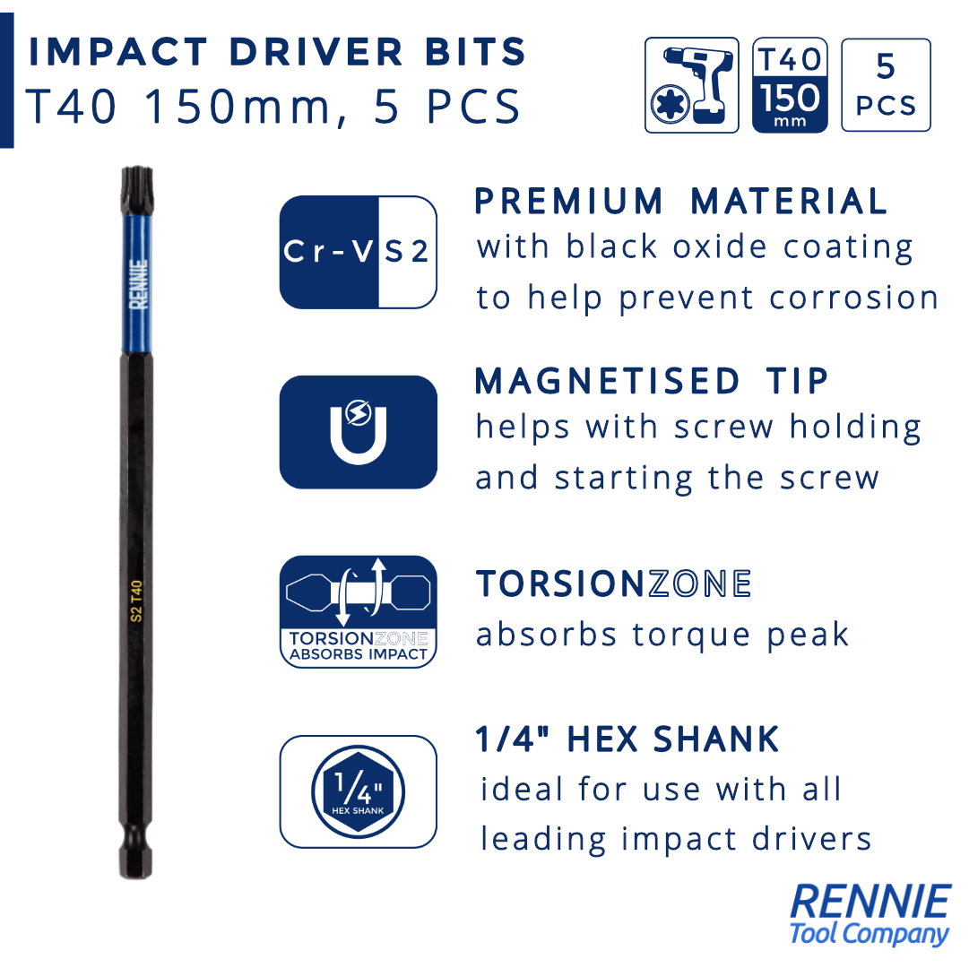 5 Pack T40 Torx 150mm Magnetic Impact Bits Set TX40